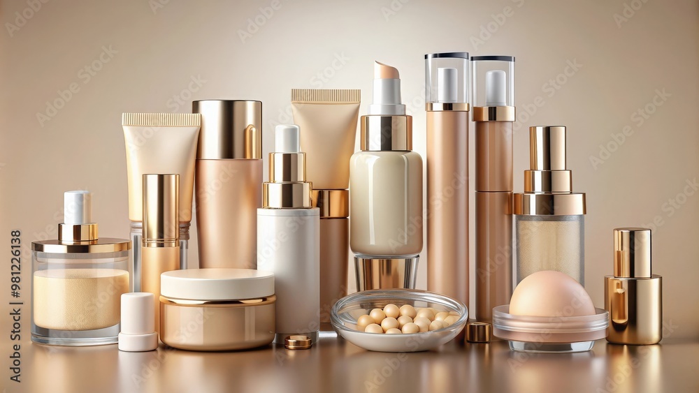Elegant collection of luxury skincare and cosmetic products in beige ...