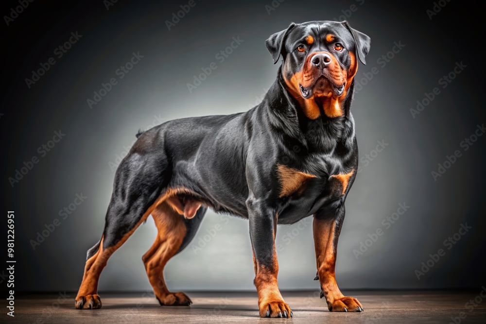 Powerful and intimidating Rottweiler dog stands proudly alone on a ...