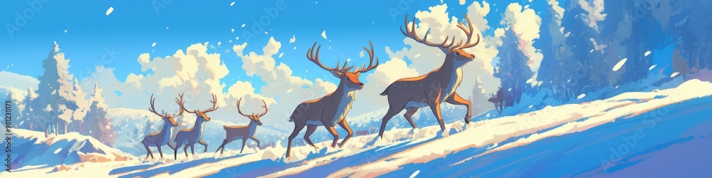 Dynamic Winter Wonderland: Animated Deer Galloping Across Snowy Plains ...