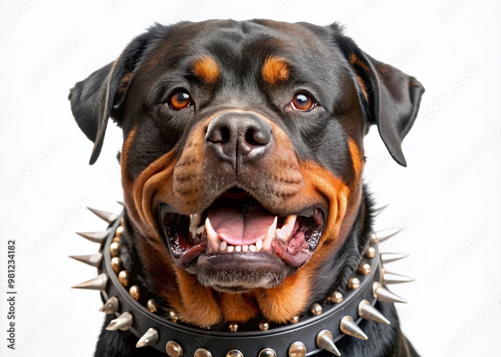 Aggressive rottweiler dog with spiked collar displays menacing snarl ...