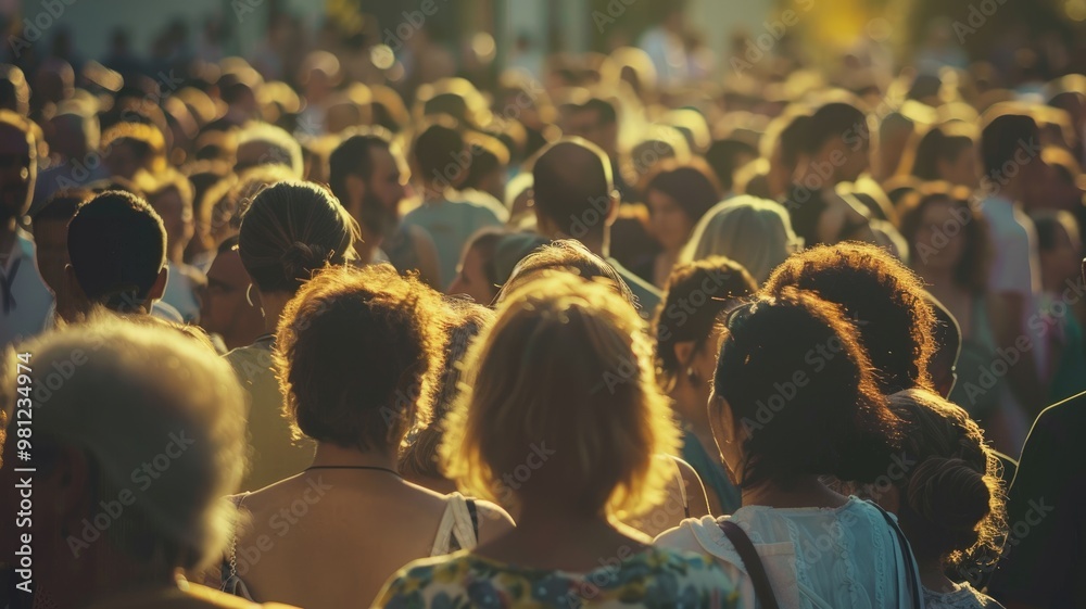 Close up of diverse people standing together in a large crowd at sunset ...