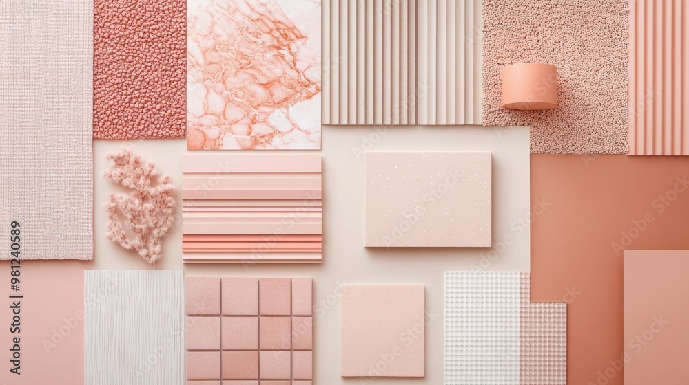 Flat lay composition in salmon pink, soft peach color palette with ...