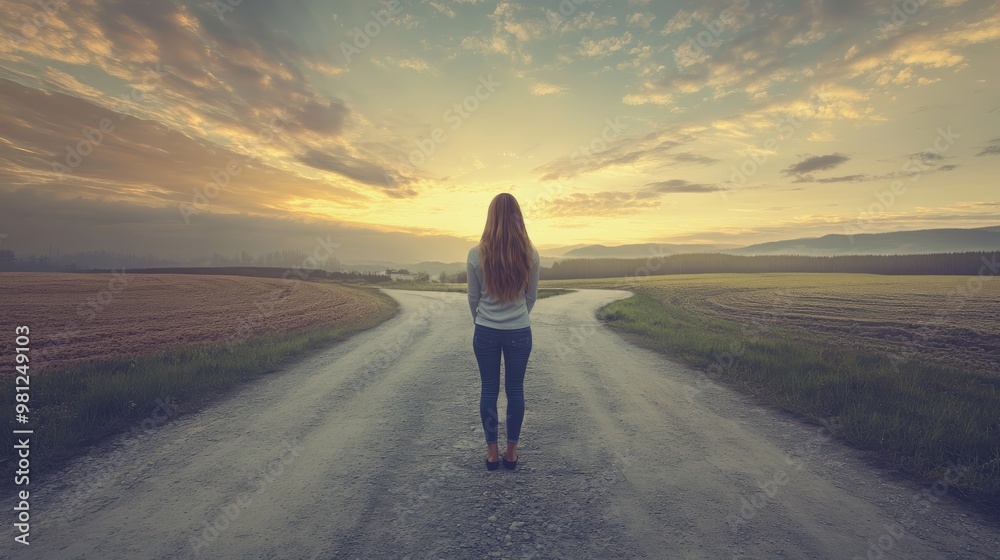 Woman standing at a crossroads, contemplating her journey under a ...