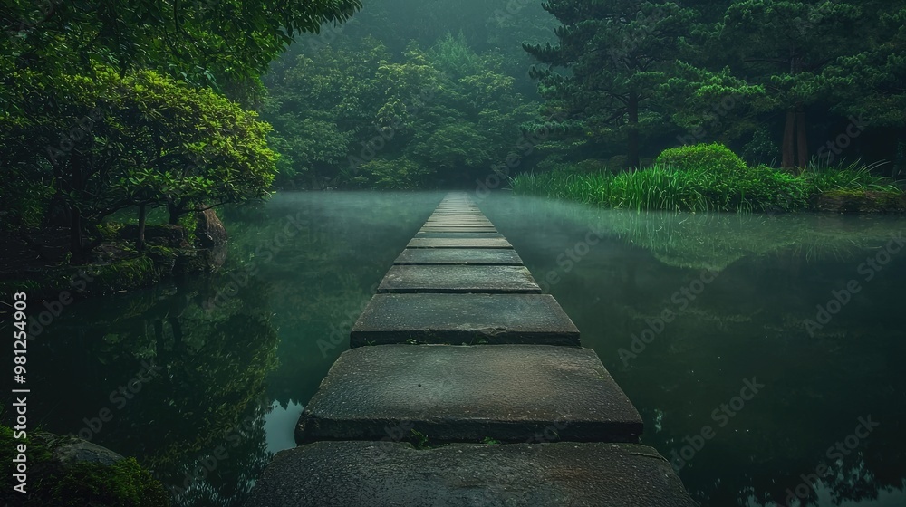 green, there is a straight stone pave way on water, leading to a ...