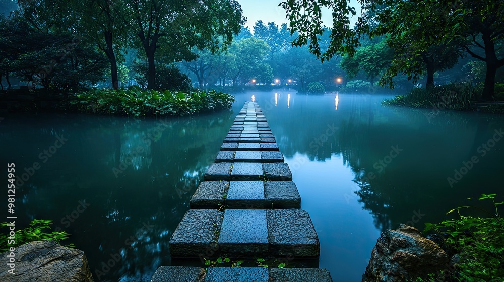 green, there is a straight stone pave way on water, leading to a ...