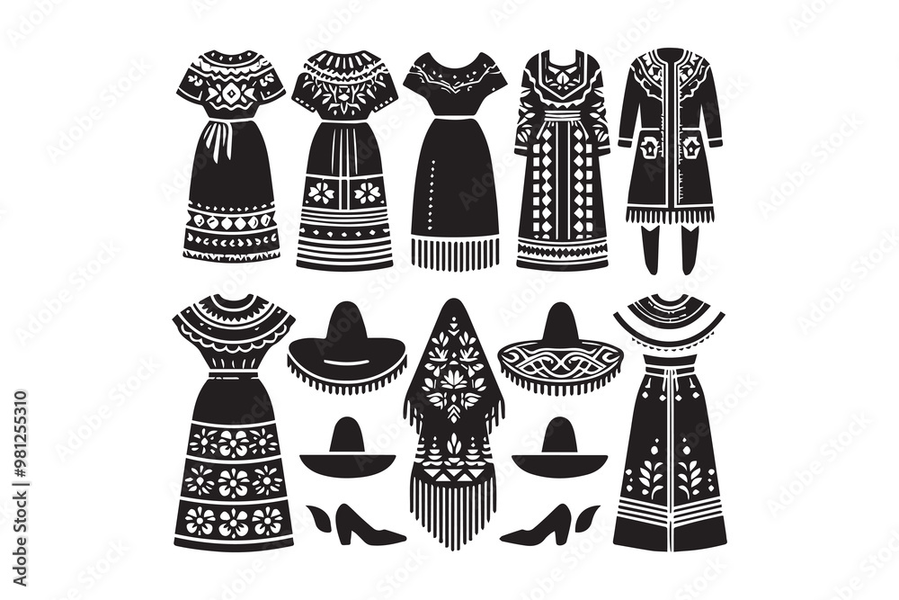 Mexican traditional clothing vector clip art silhouette illustration in ...