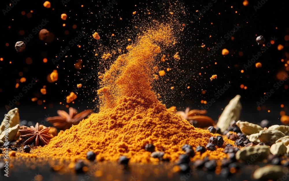 Vibrant turmeric powder with spices creates an artistic swirl ...