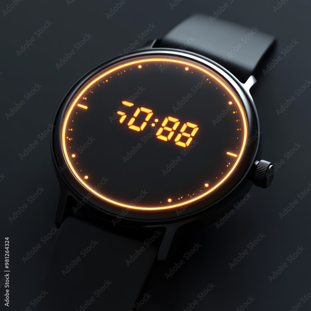 A modern wristwatch with a digital display showing the time 708. The ...