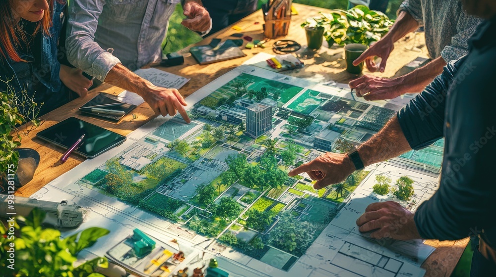 Realistic image of a collaborative workspace with a large blueprint ...