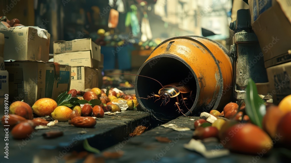 A hyperdetailed image of a cockroach emerging from a drain in a ...