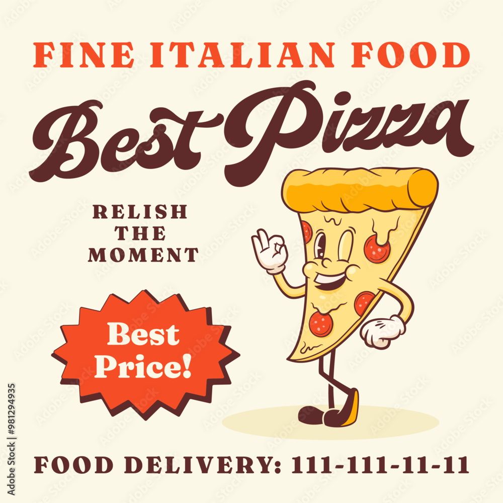 Groovy Pizza Retro Character Card Poster. Cartoon Snack Slice Smiling ...