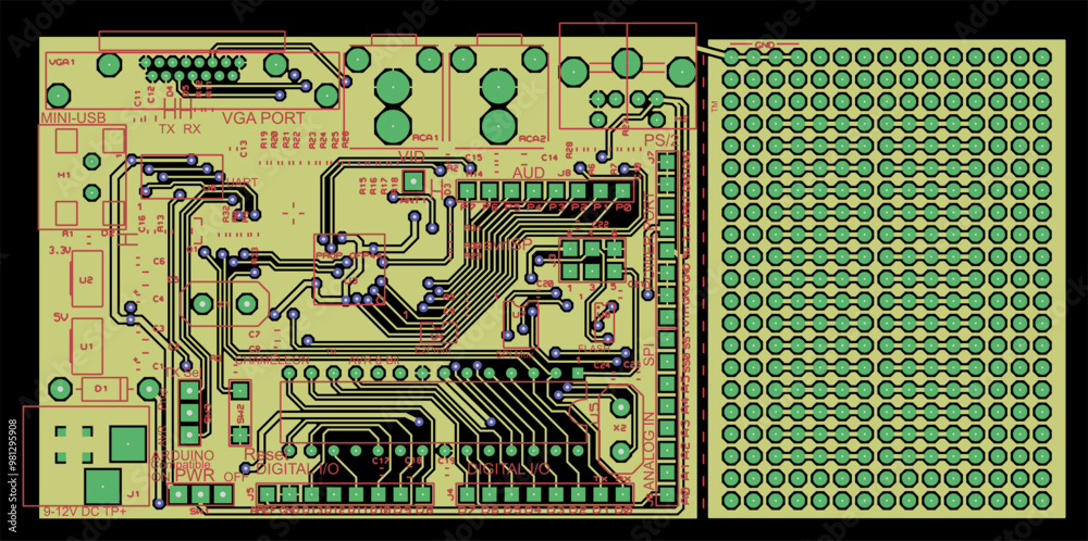 Vector printed circuit board of electronic device with components of ...