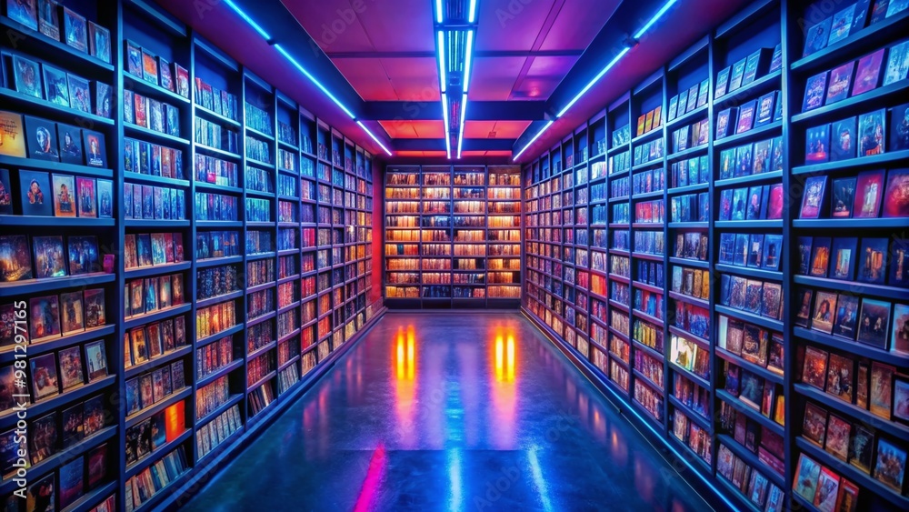 Retro video rental store with shelves upon shelves of VHS tapes, DVD ...