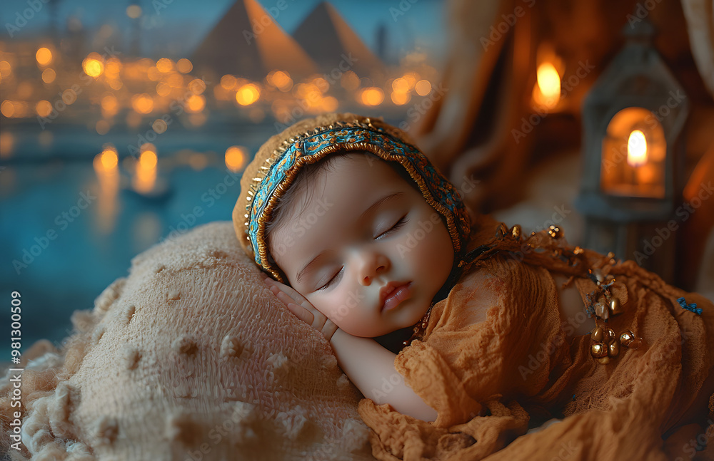 “A Newborn Baby Sleeping in an Ancient Egyptian Basket, Representing a ...