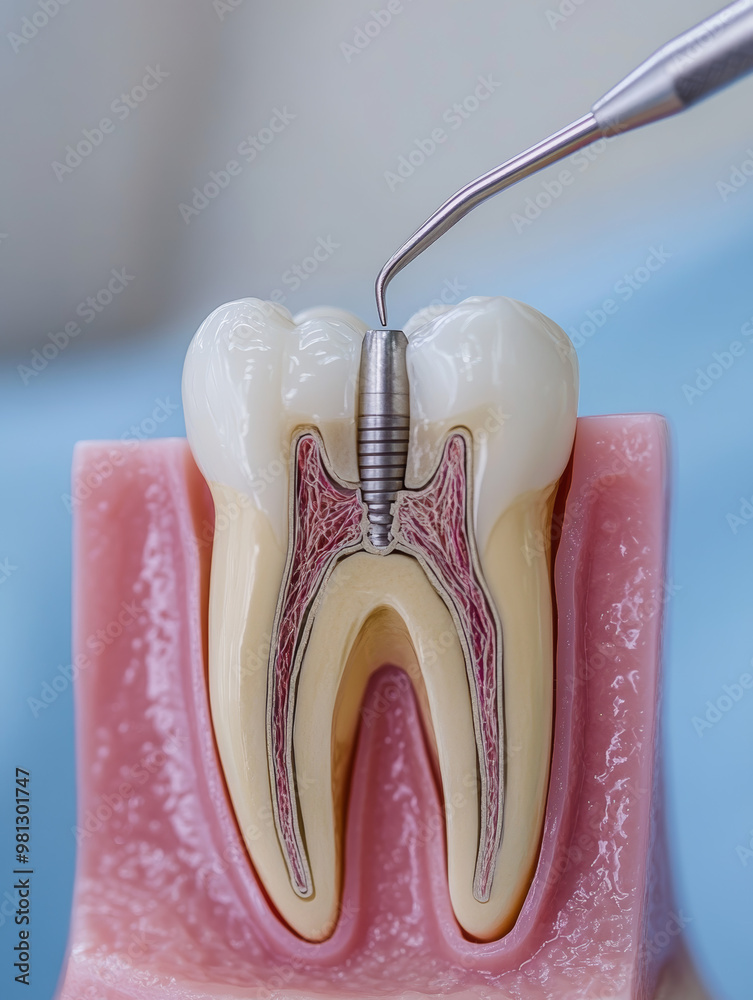 The root canal file goes deep into the root canal and is removing the ...