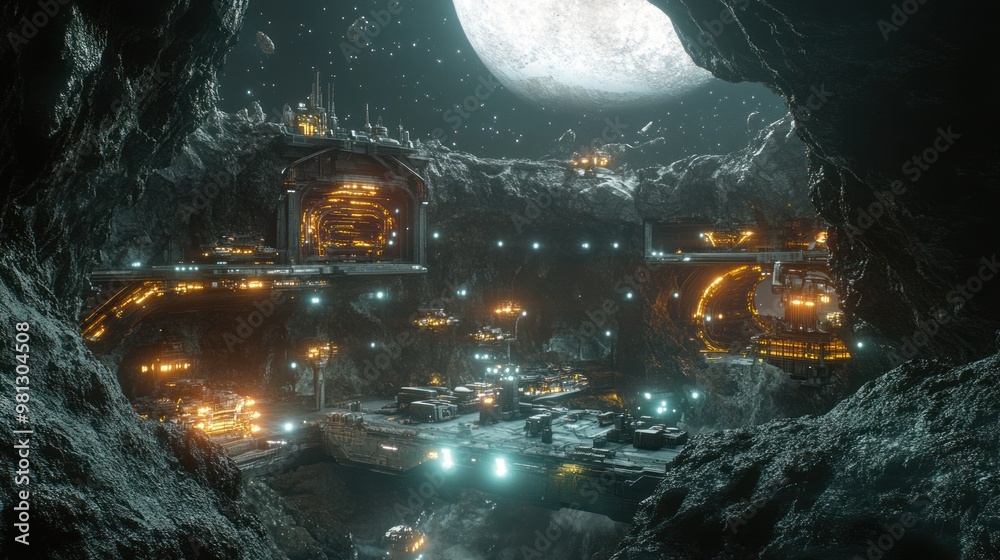 A massive space station built within an asteroid, with glowing tunnels ...