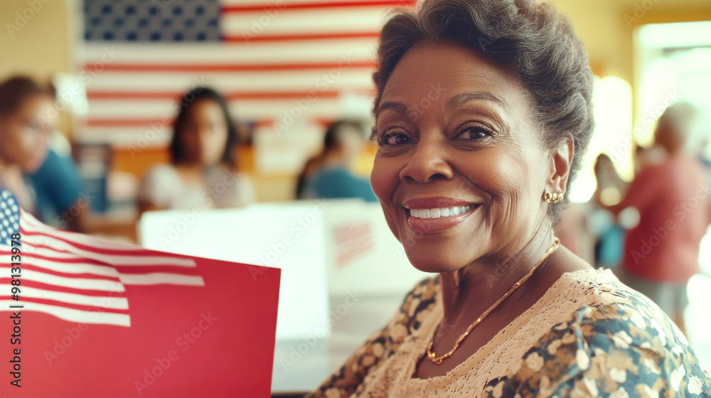 An older woman beams with joy as she casts her ballot surrounded by ...