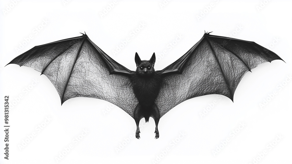 Realistic Bat Silhouette with Outstretched Wings and Detailed Wing ...