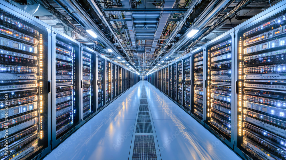 Walk through a bustling data center filled with rows of gleaming ...