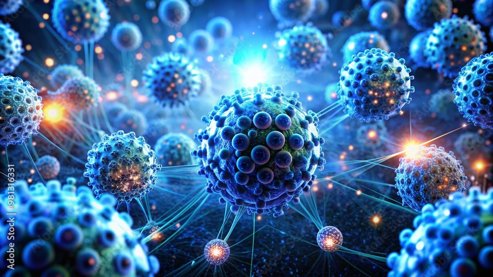 Microscopic nanobots swarm around a glowing blue nucleus, illustrating ...