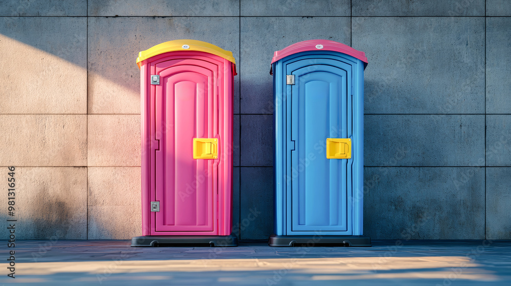 Two colorful portable toilets stand side by side against a gray ...