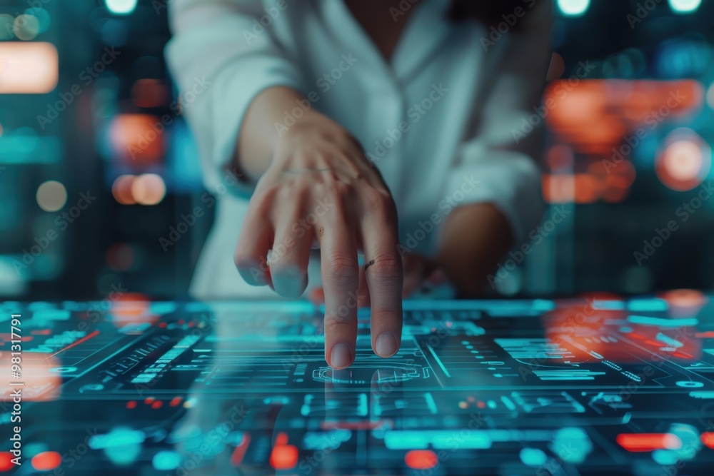 Hands touching and interacting with a futuristic digital touchscreen interface, displaying data ...