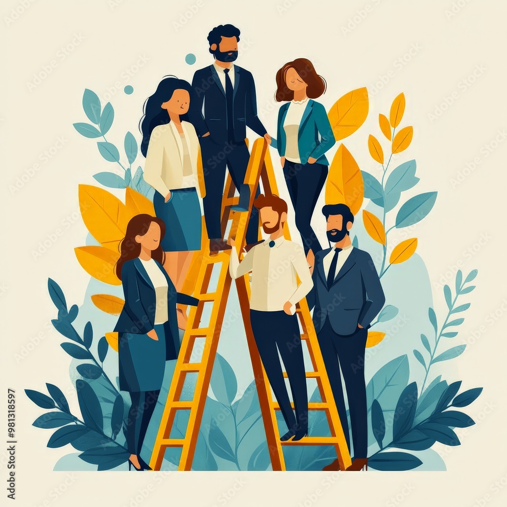 Climbing the Corporate Ladder: A diverse team ascends towards success ...