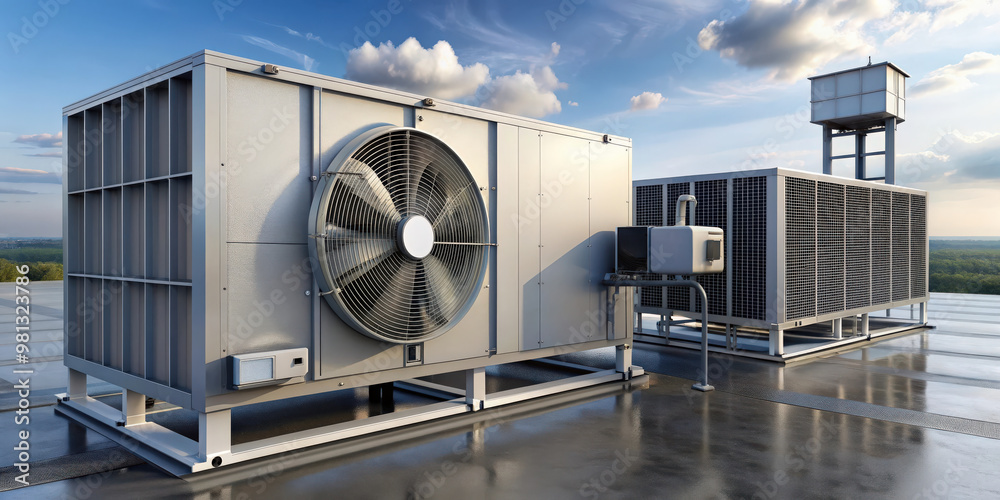 rendering of condenser unit on rooftop of industrial plant with motor ...