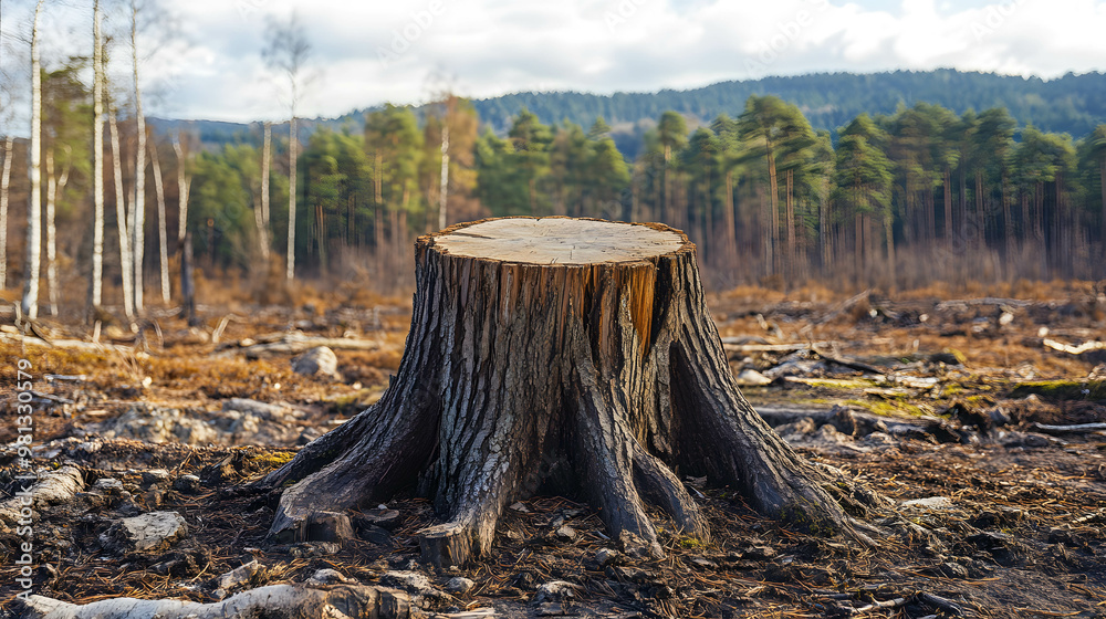 Tree stump in the middle of a deforested area, symbolizing the loss of ...