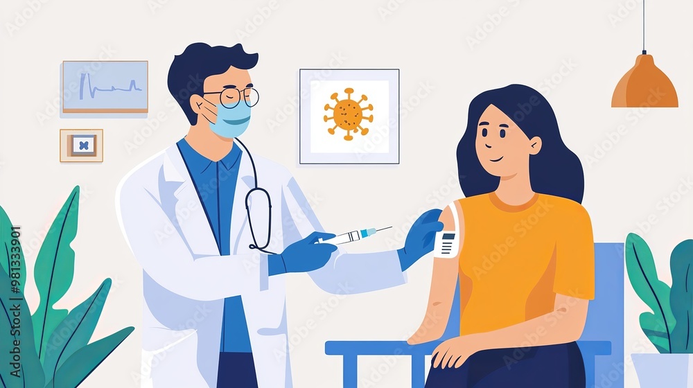 A male doctor injects a female patient with a COVID-19 vaccine in her ...