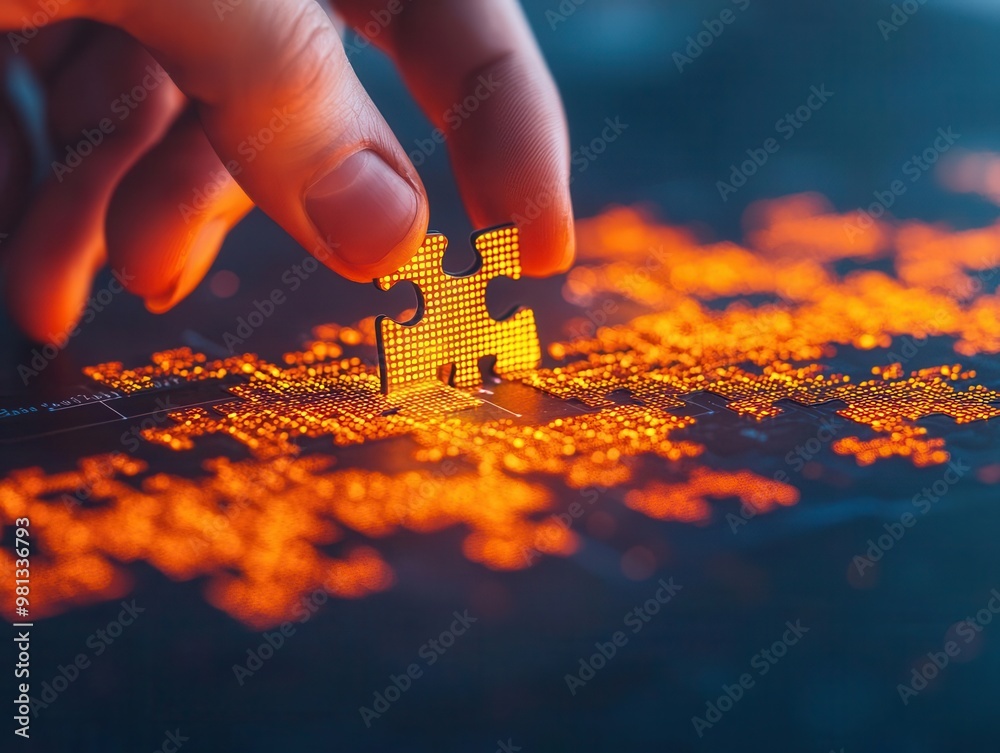 Hands placing the final piece of a glowing puzzle into a business graph ...
