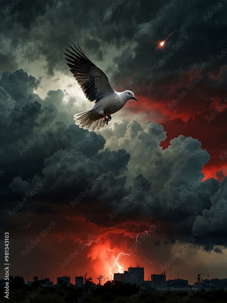 Dove carrying a broken missile through a stormy sky in red and black ...