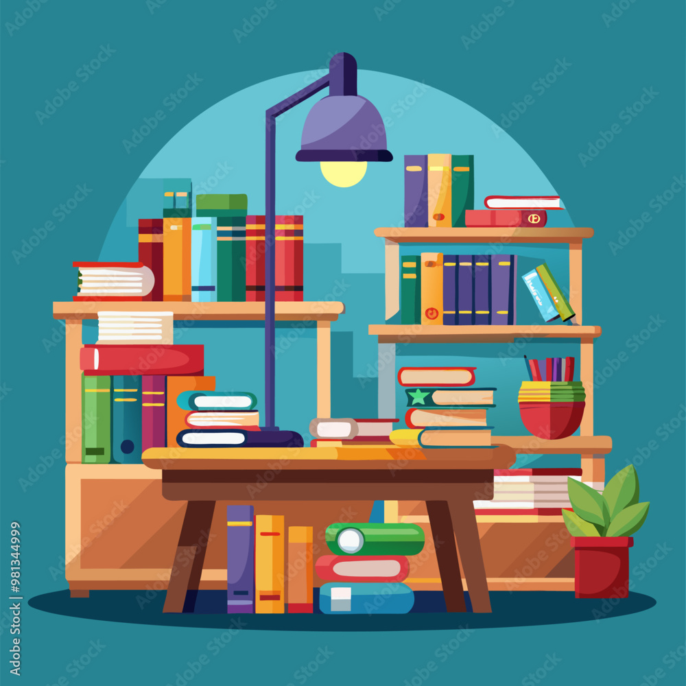 Public library with many books on shelves in case, in stack on wooden ...