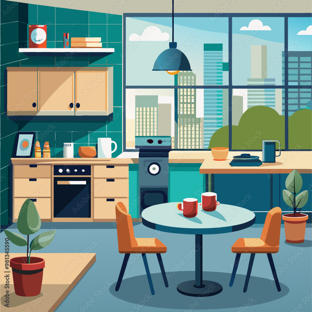 Office kitchen and break room interior vector background with table ...