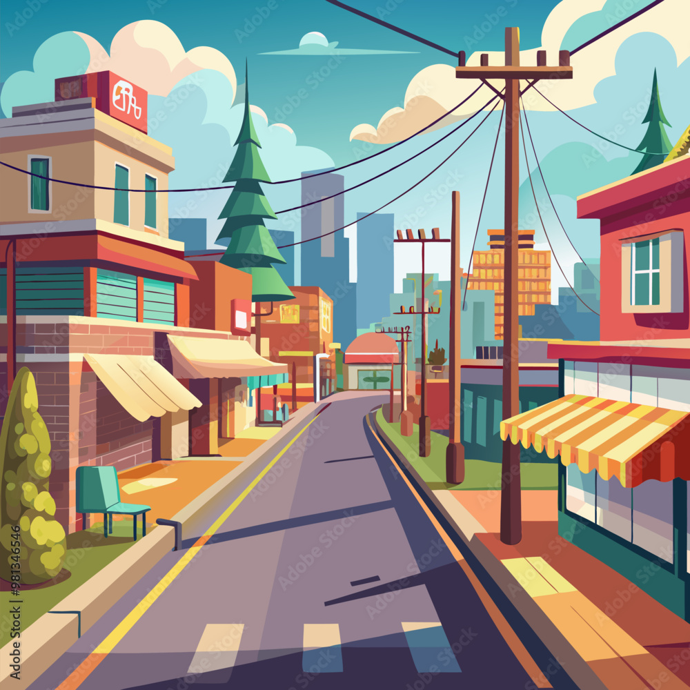 Urban street landscape with empty road and electric poles, buildings ...