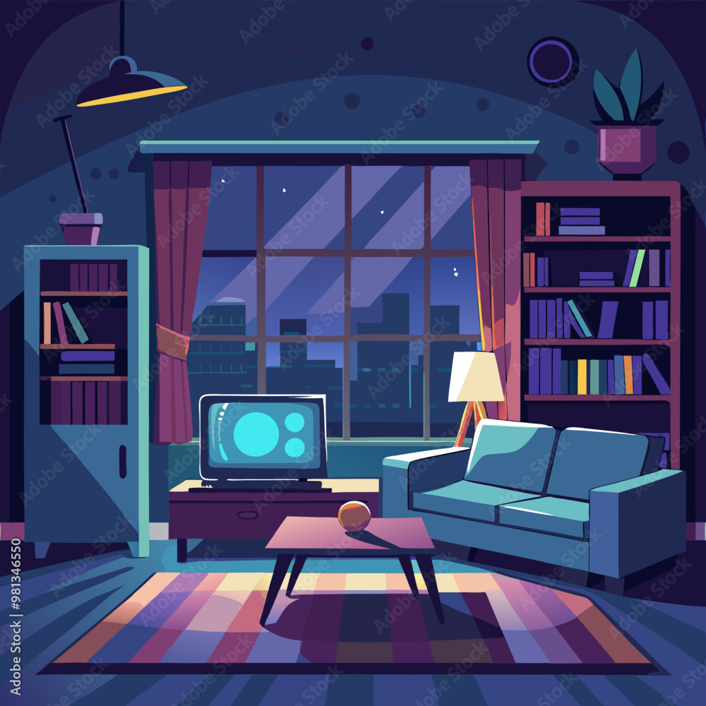 Dark living room interior with tv at night. Empty home or apartment ...