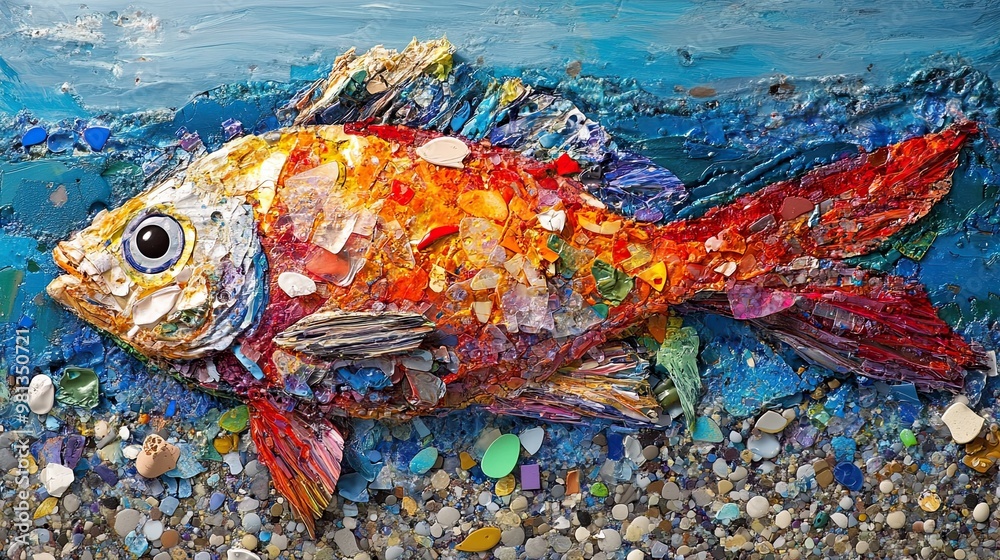 Abstract Colorful Fish in Microplastic Mosaic – Conceptual Art of ...