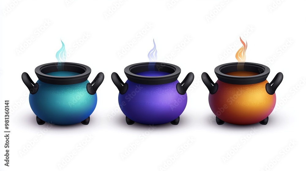 3D realistic witch cauldron set featuring different color magical ...
