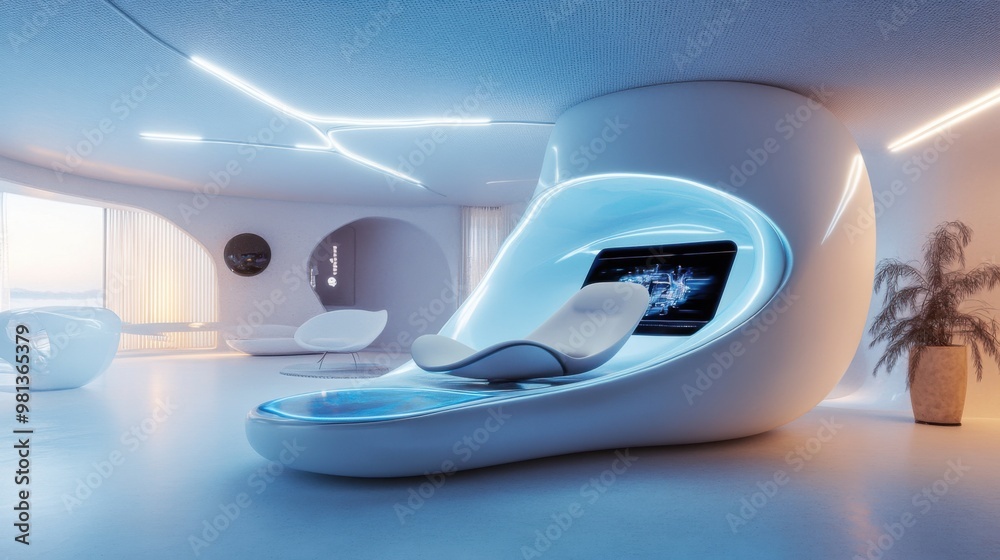 Futuristic minimalist living pod with curved white walls and smart ...