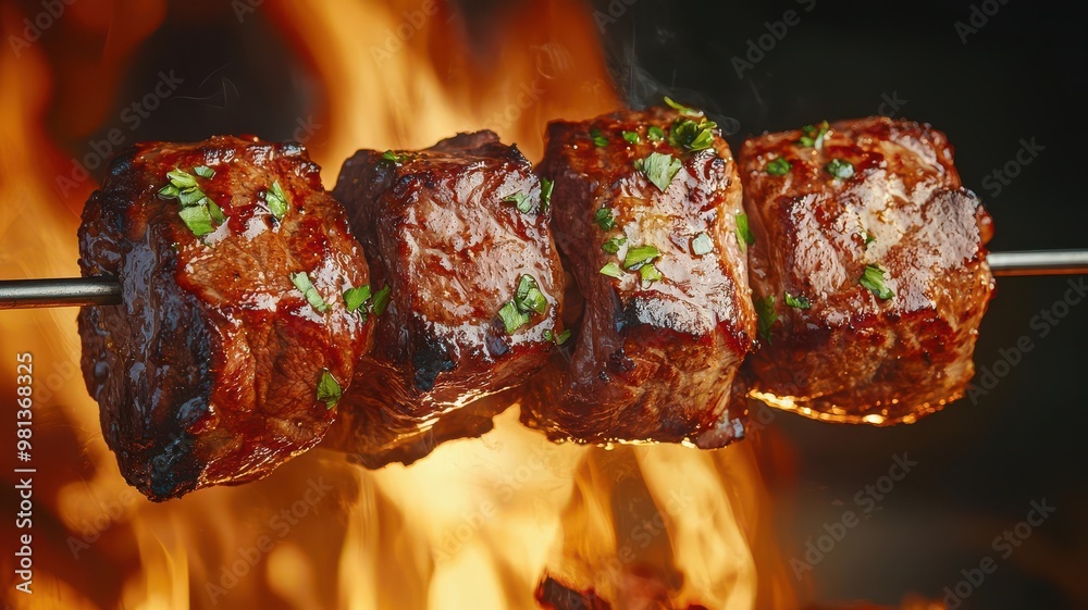 Large skewers of beef rotating in an open fire rotisserie, flames and ...