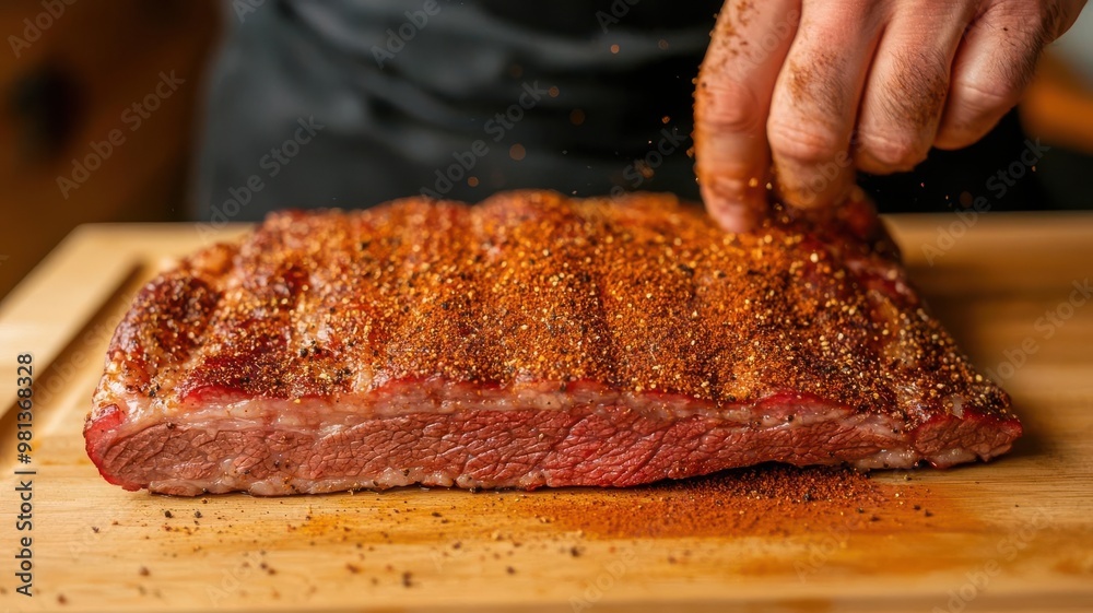 Marbled beef brisket being seasoned with a dry rub of spices on a ...