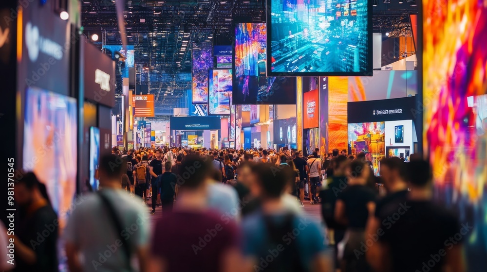 Crowds of attendees engage with various booths in a vibrant exhibition ...