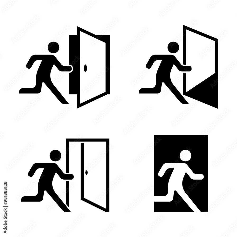 Collection of Exit Door Signs with Walking Person Icon. Flat Line Art ...