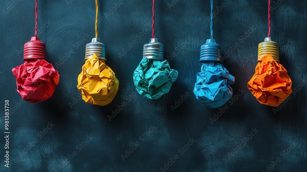Five colorful crumpled paper light bulbs hanging from strings against a ...
