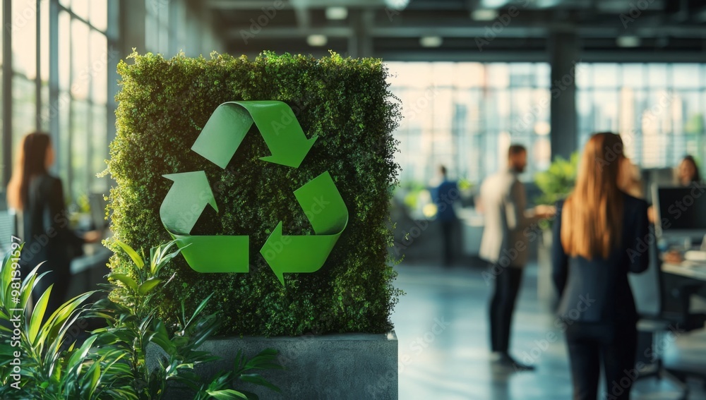 Green recycle symbol icon sign with professional environment background ...