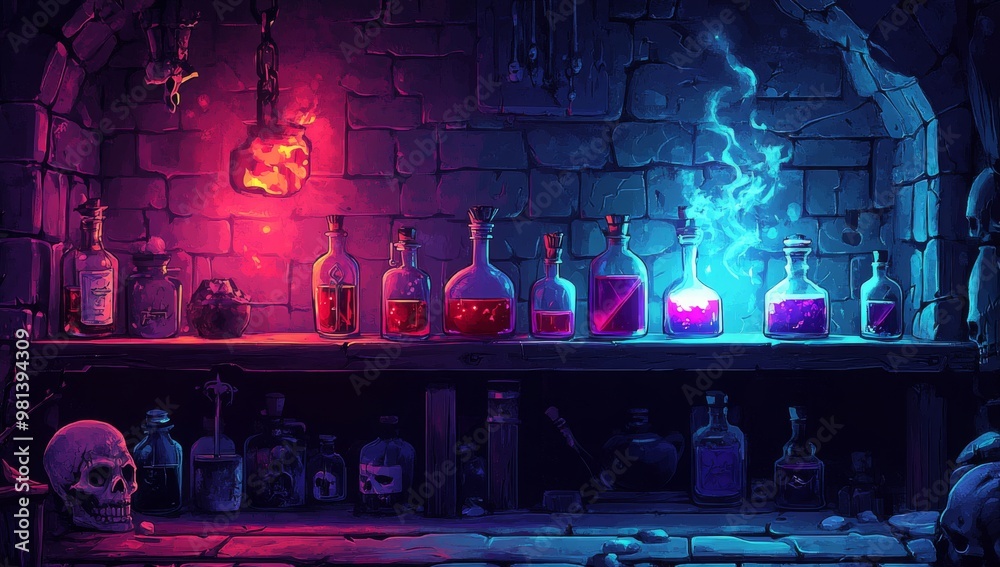 Alchemist workbench cartoon vector scenes. Skulls potions brews vials ...