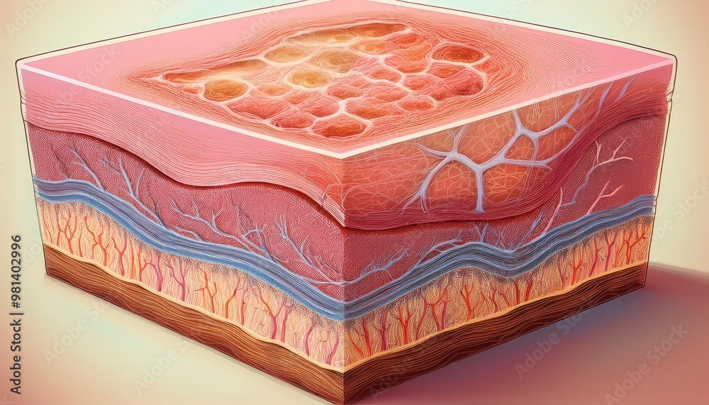 Cross-section illustration of human skin with damaged epidermis and ...