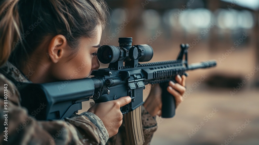 woman in aiming stance with rifle at target ideal for depicting focus ...