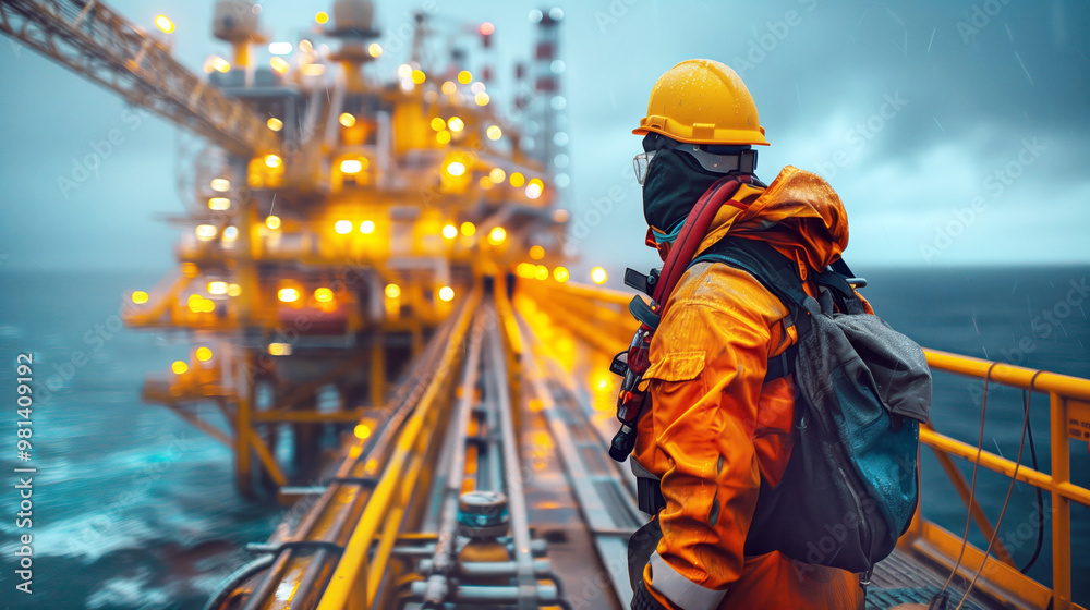 Man in special gear on offshore oil rig platform Stock Photo | Adobe Stock
