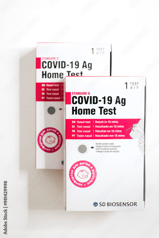 Covid-19 Antigen Self Test kit box on table. Rapid nasal test Stock ...